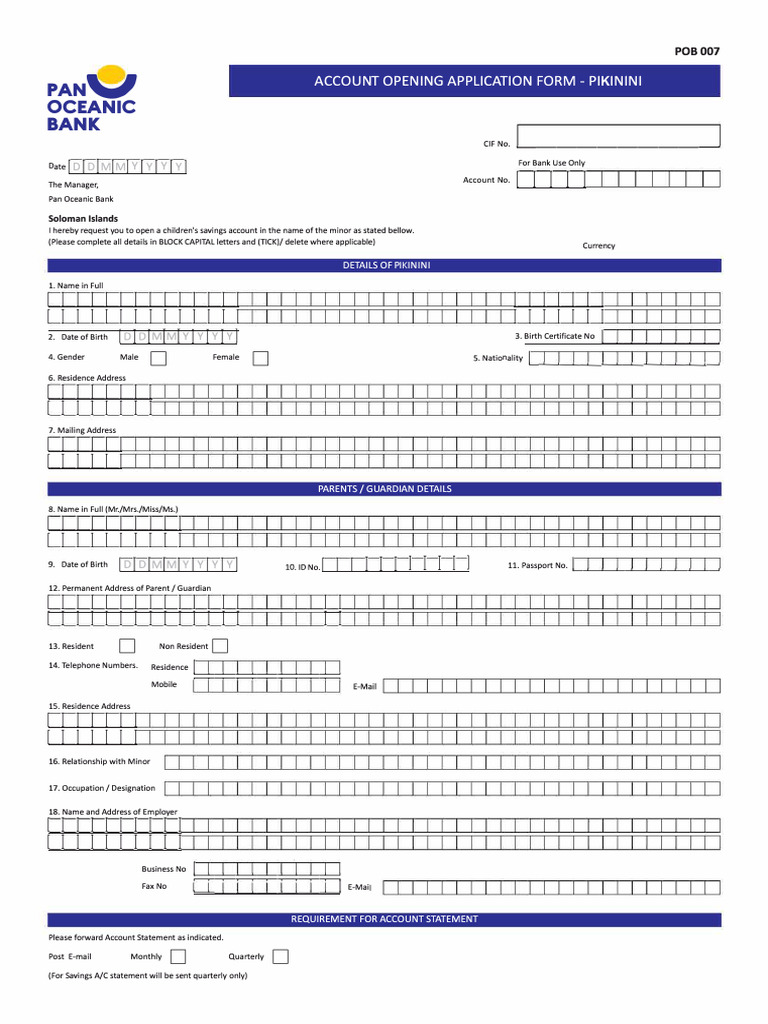 POB Children's Account Application Form | PDF | Banking | Business
