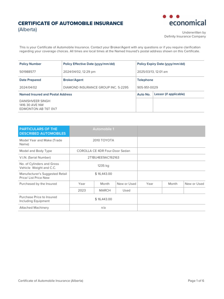 Alberta Auto Insurance Certificate | PDF | Insurance | Vehicle Insurance