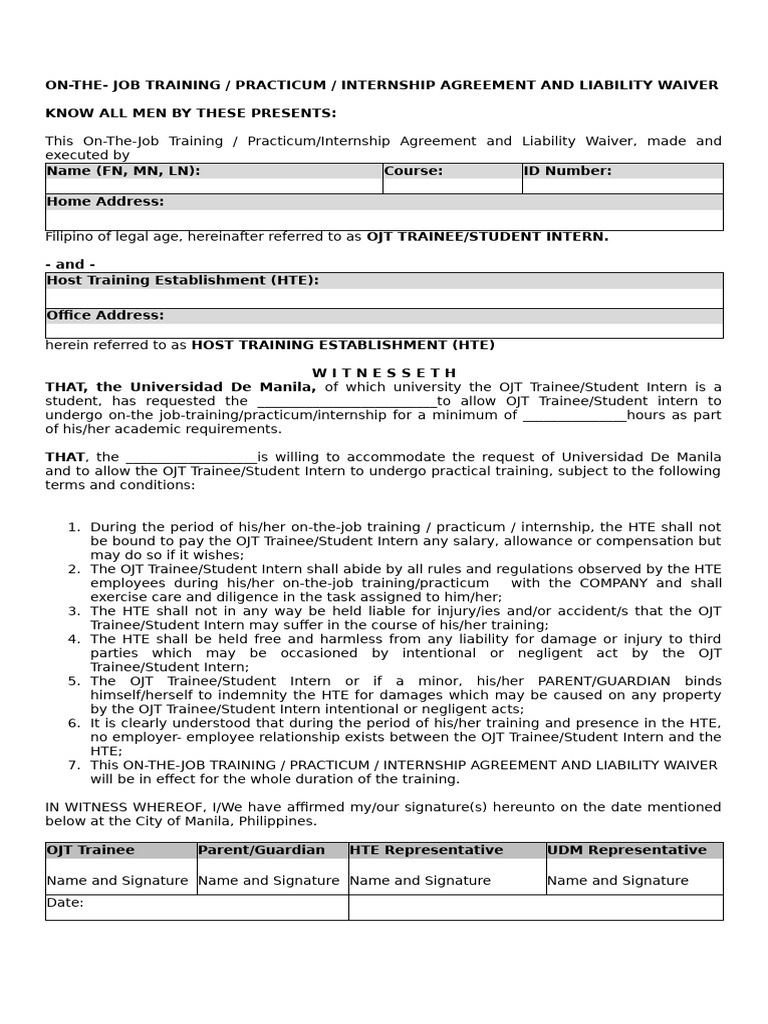 OJT Agreement and Liability Waiver | PDF | Legal Liability | Civil Law (Legal System)