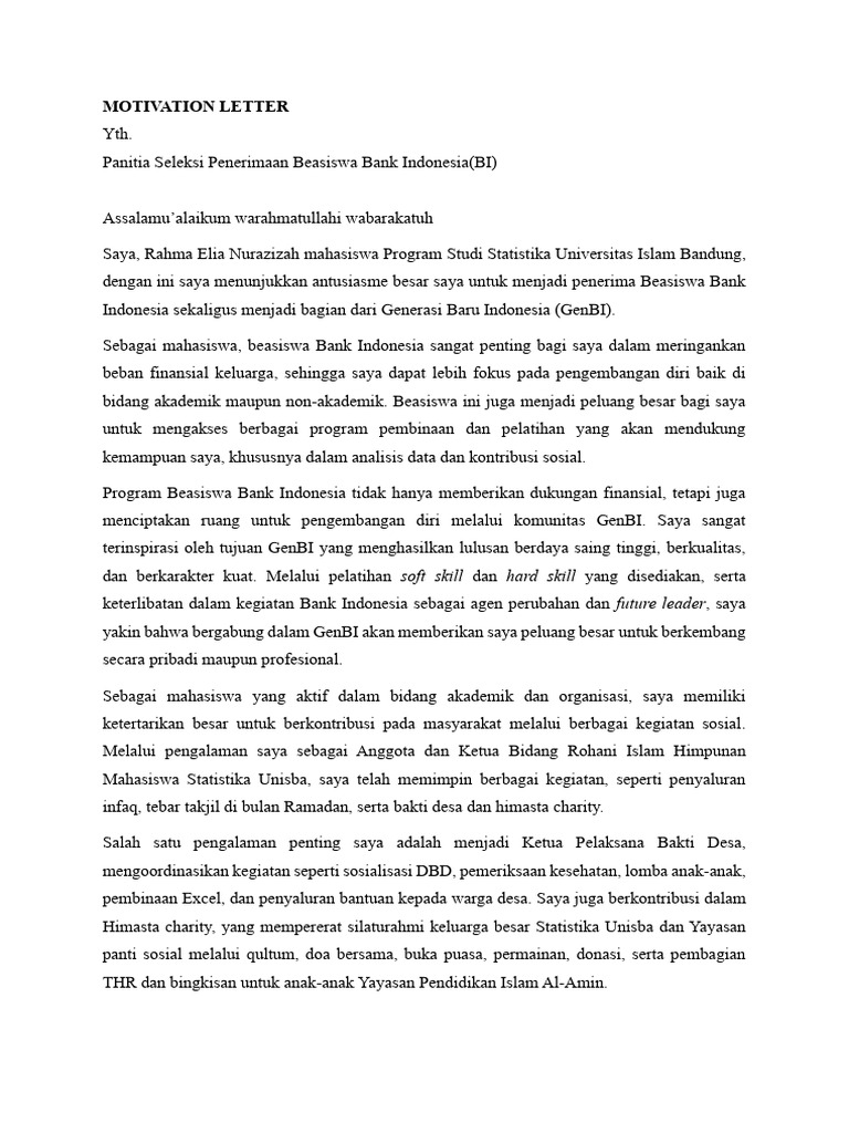 Surat Motivasi Beasiswa Bank Indonesia | PDF