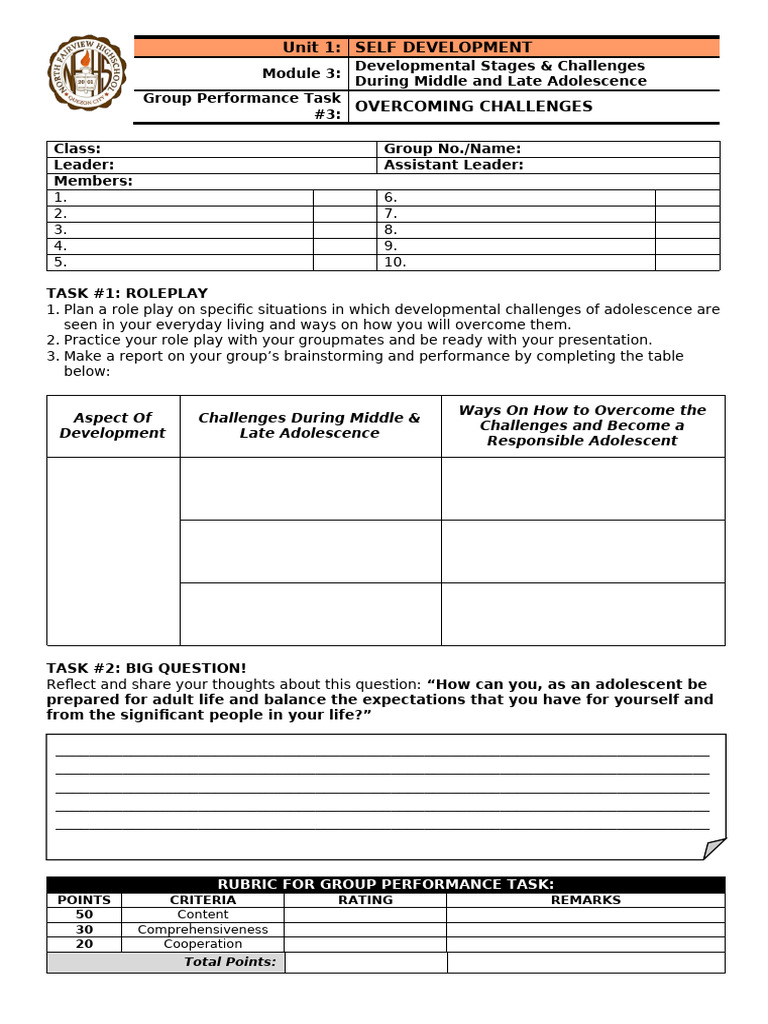PERDEV Group Performance Task Sheet - M3 (Overcoming Challenges) | PDF