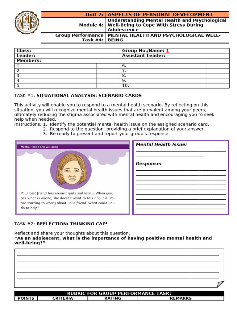 PERDEV Group Performance Task Sheet - M4 (Mental Health & Psychological Well-Being) - Modified ...