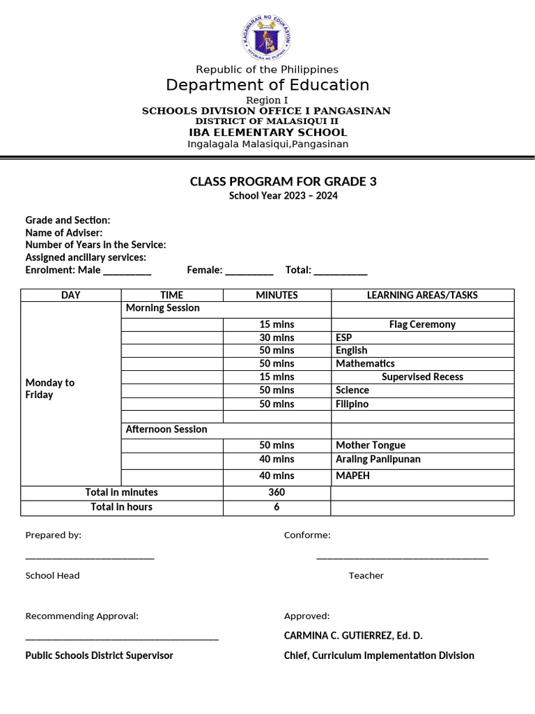 Grade 3 Class Program 2023-2024 | PDF