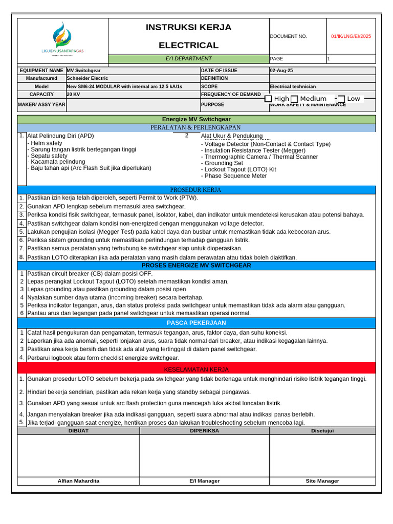 SOP Electrical MV Switchgear | PDF