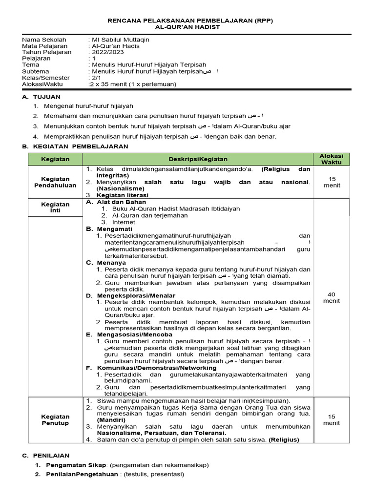 PRR Al Quran Hadits Kls 2 Semester 1 TP. 2022-2023 | PDF