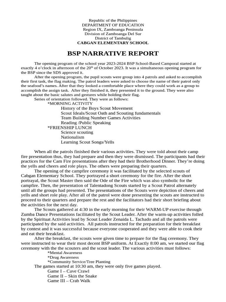 BSP Narrative Report | PDF | Scouting