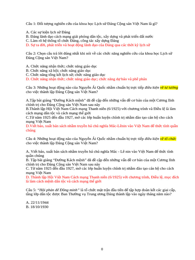 trắc nghiệm Lịch sử Đảng CSVN | PDF