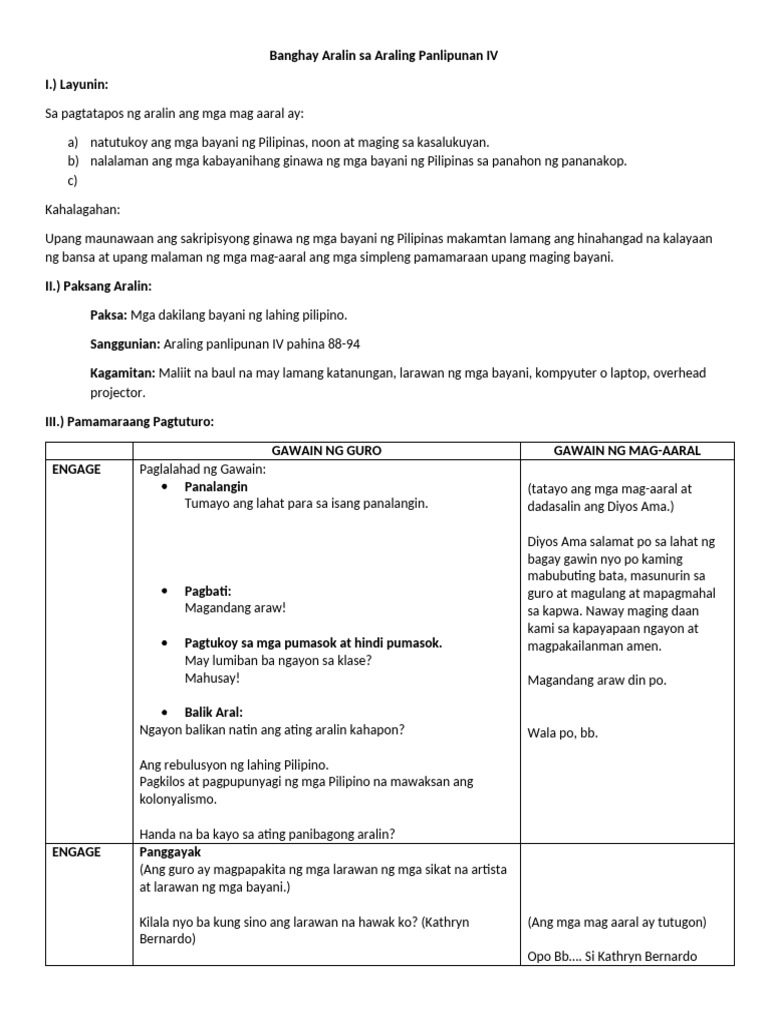 Banghay Aralin Sa Araling Panlipunan IV | PDF