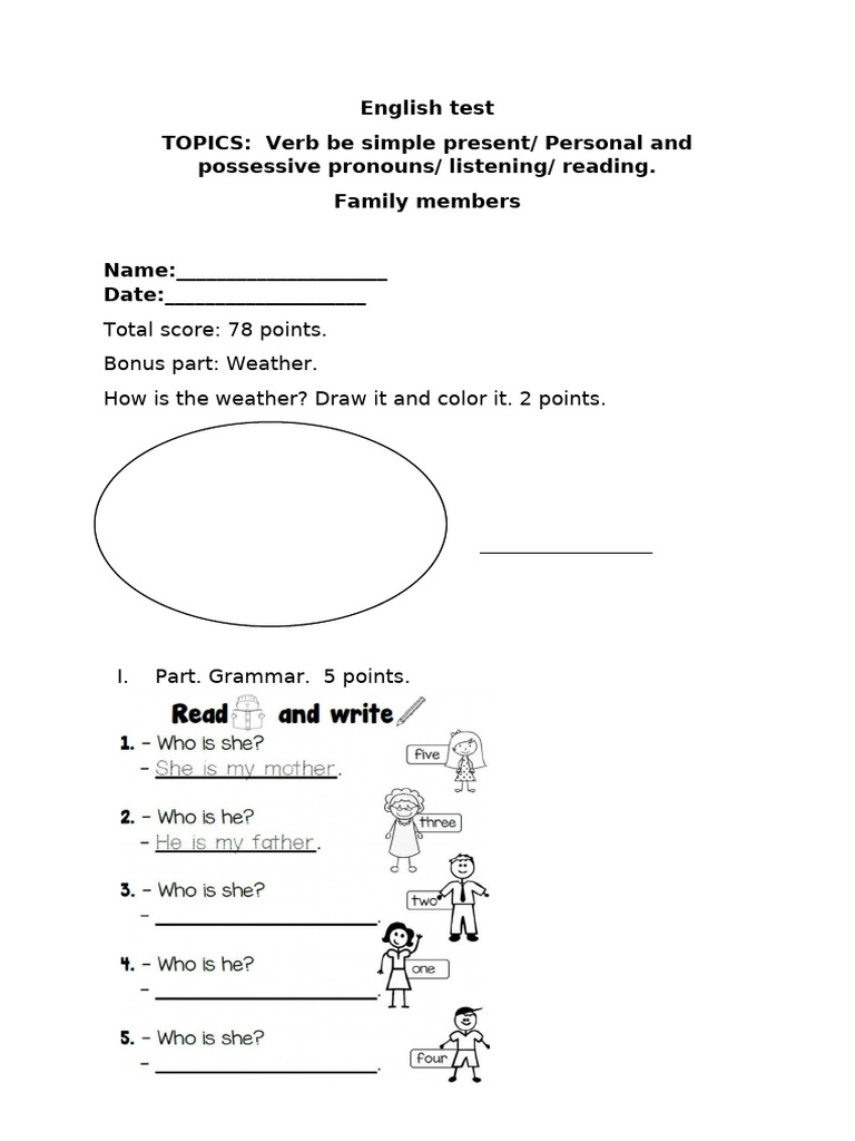 English Test: Family & Grammar Skills | PDF