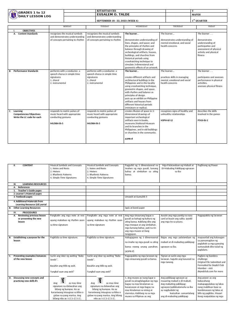 DLL Mapeh-5 Q1 W4 | PDF