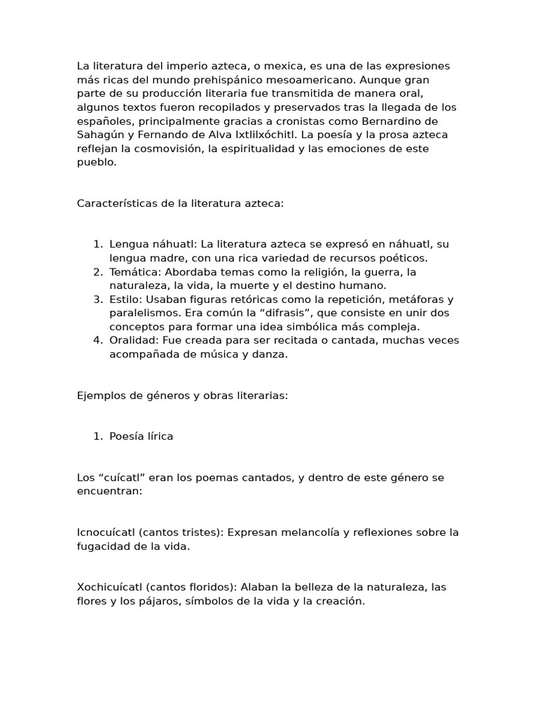 Literatura Azteca: Características y Ejemplos | PDF | Poesía
