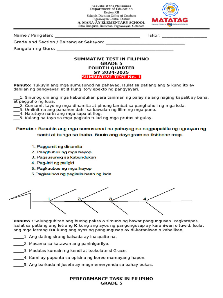 Summative Test in Filipino - 1 | PDF