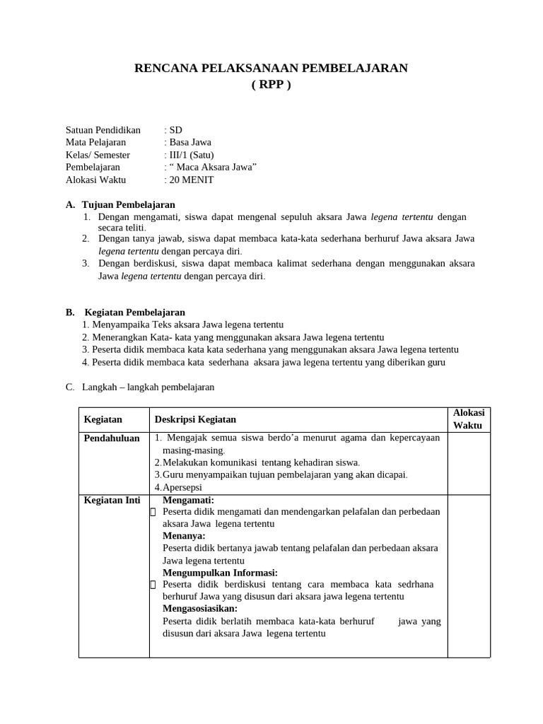 RPP Bahasa Jawa Klas 3 Semester 1 Aksara Jawa | PDF