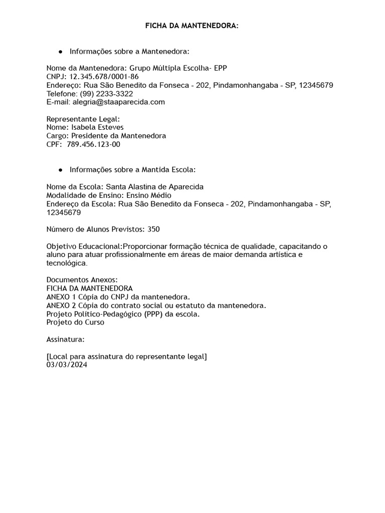 FICHA DA MANTENEDORA | PDF | Escolas