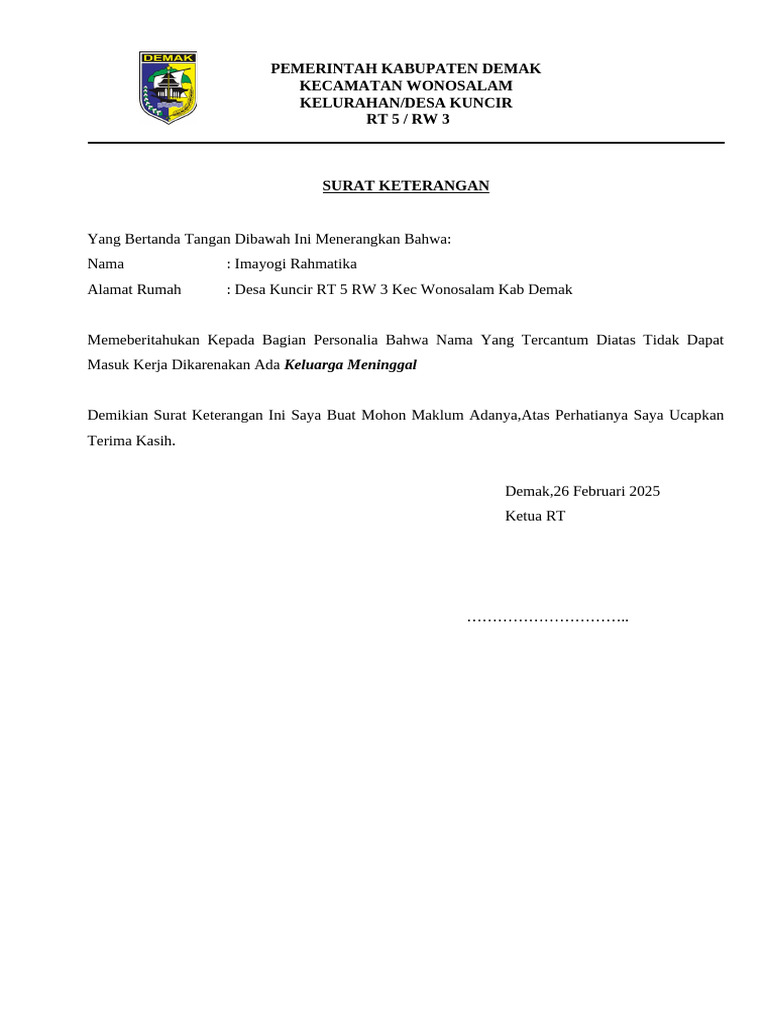 Form 7 Surat Keterangan RT | PDF