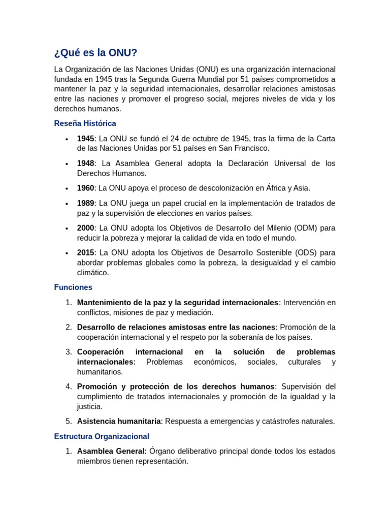 Historia y Funciones de la ONU | PDF | Naciones Unidas | Relaciones ...