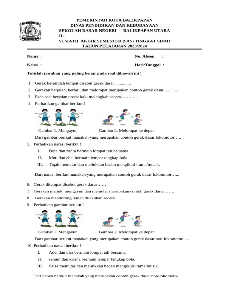 Soal Sas Kelas 2 Pjok 2023-2024 | PDF