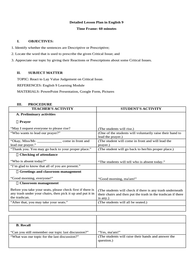 English 9 Lesson Plan on Critical Issues | PDF