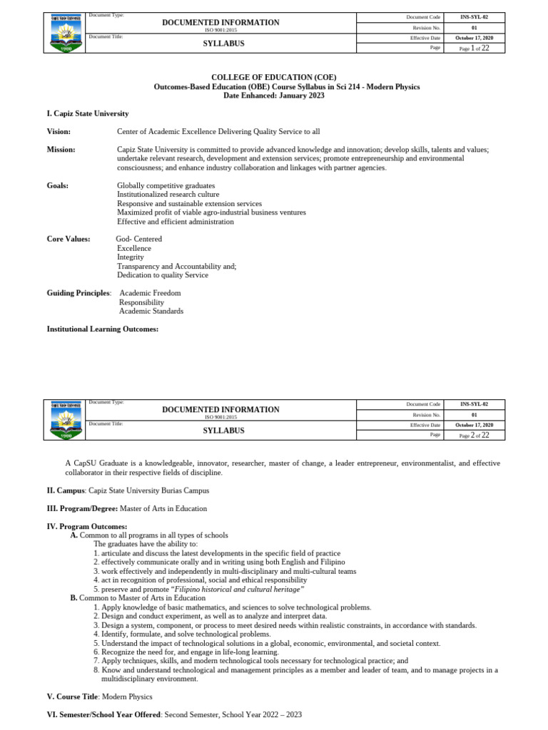 OBE Syllabus for Modern Physics Course | PDF | Special Relativity | Waves