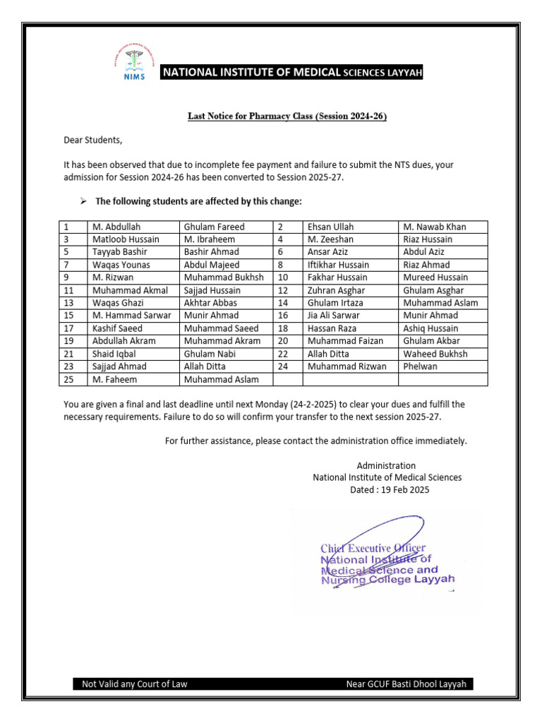 Last Notice For Pharmacy Class (Session 2024-26) - 1 | PDF