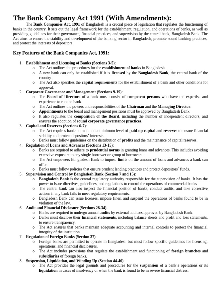 Bank Company Act 1991 Overview | PDF | Banks | Capital Requirement