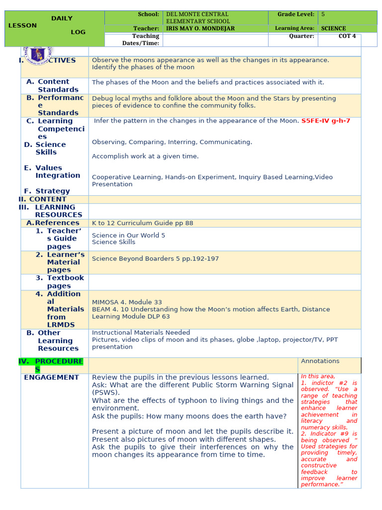 Q4 Science 5-Cot Phases of The Moon | PDF | Moon | Learning