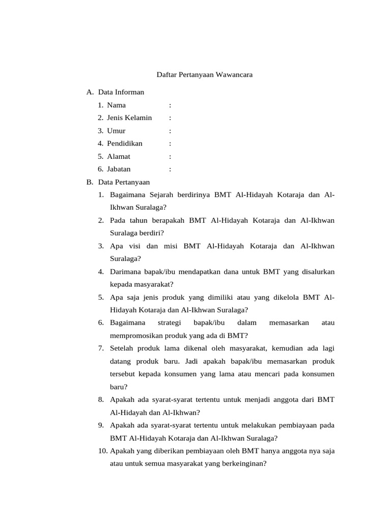 Daftar Pertanyaan Wawancara | PDF