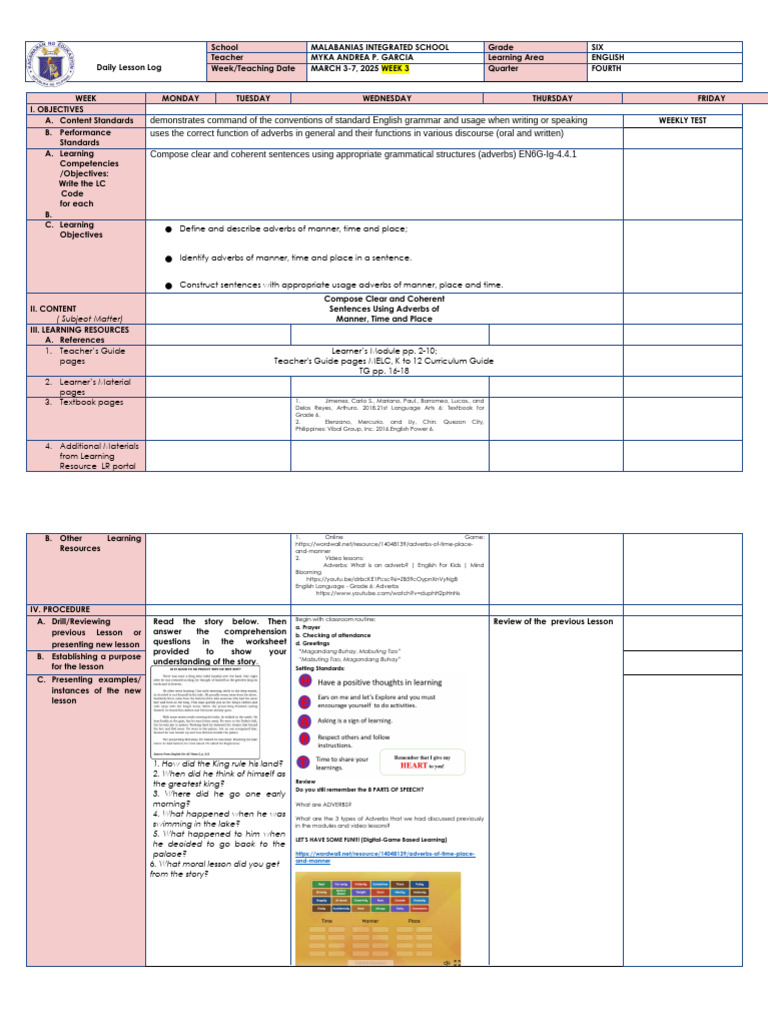 GR 6 Dll-English-Wk 5-QTR 4 | PDF | Adverb | Syntax