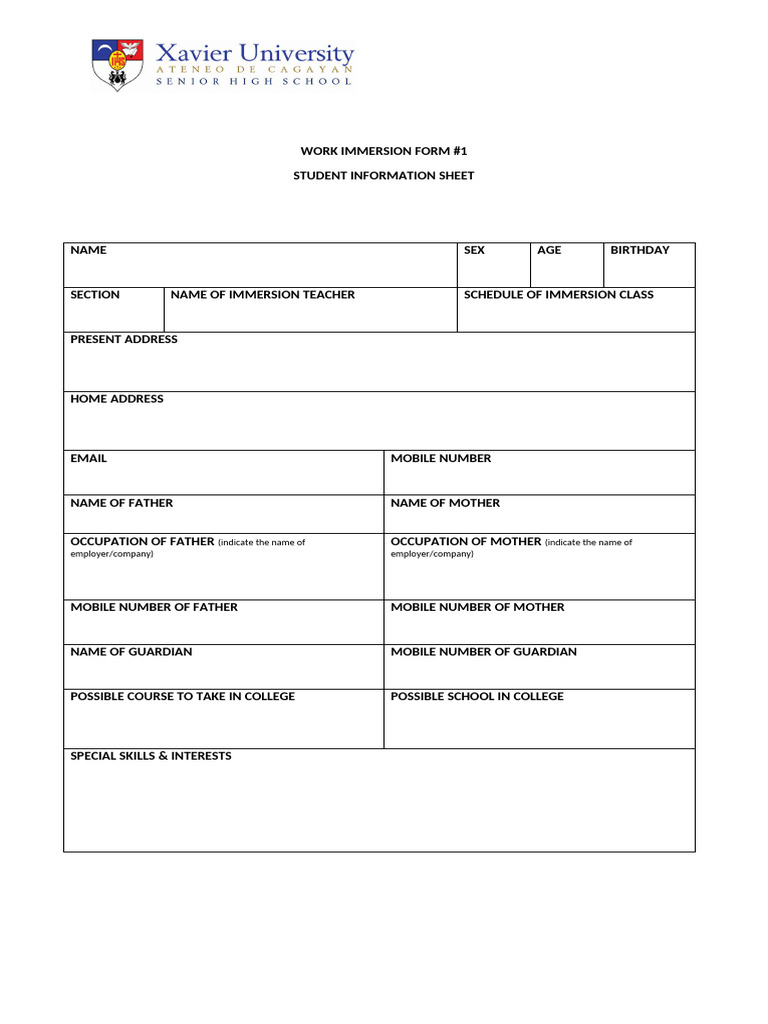 FORM 1 Student Information Sheet | PDF