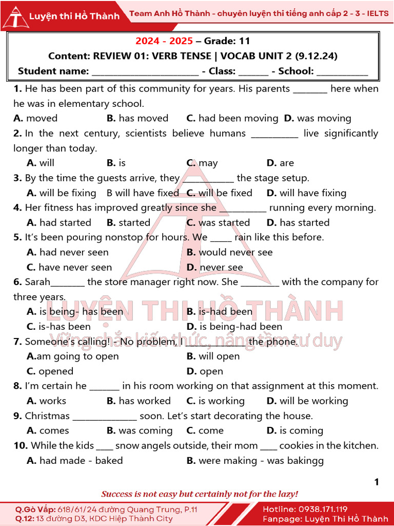 (G11) Review 01 Verb Tense - Vocab Unit 2 (9.12.24) | PDF