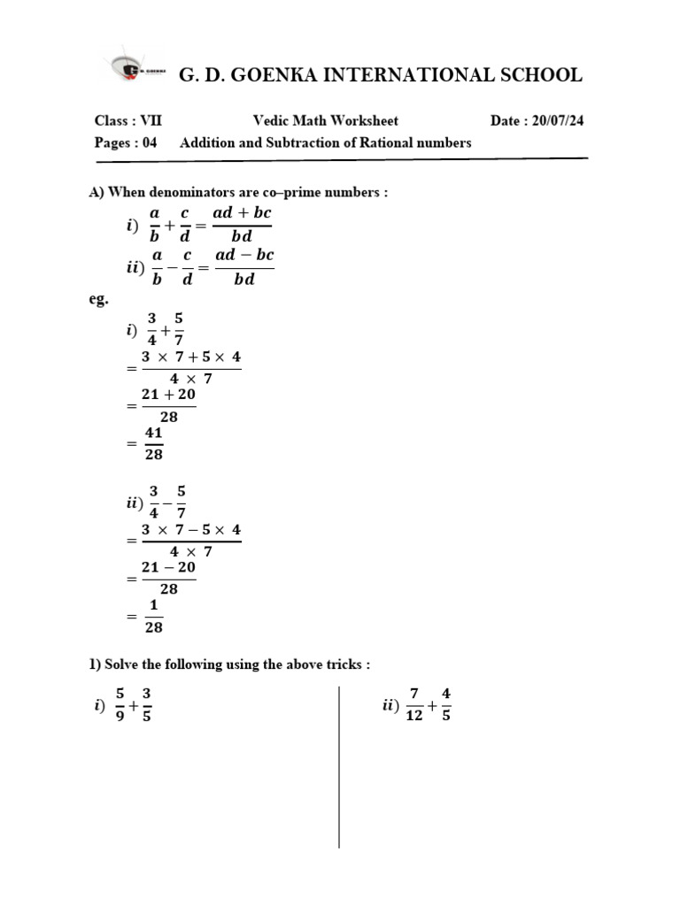 Vedic Math: Rational Numbers Worksheet | PDF