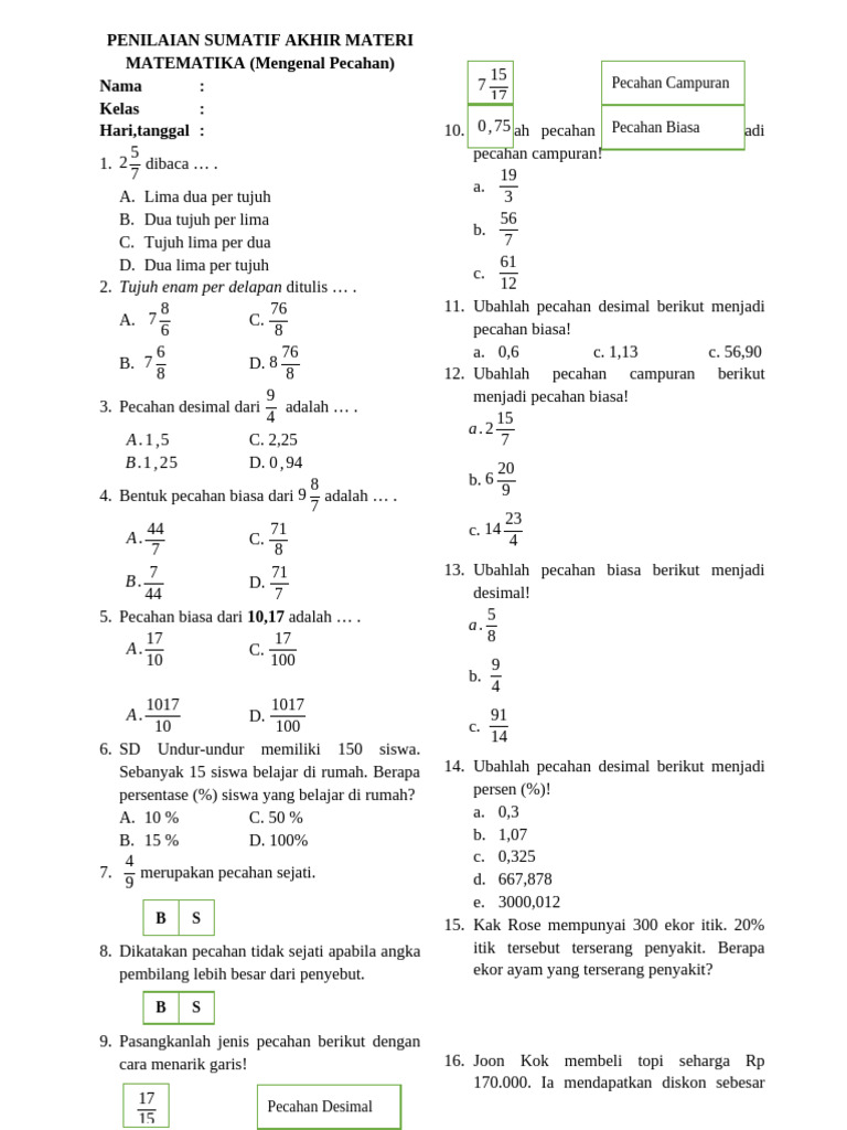 Penilaian Sumatif Akhir Materi Matematika Kelas IV Pecahan | PDF