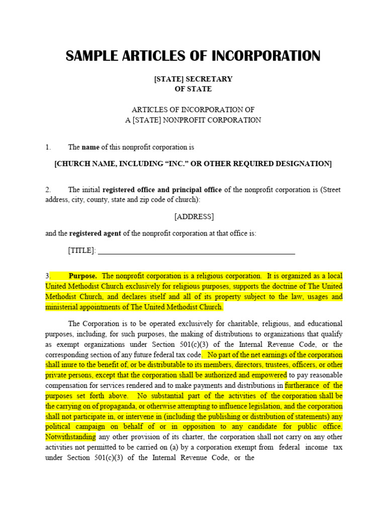 Church Sample Bylaws and Articles of Formation | PDF | 501(C ...