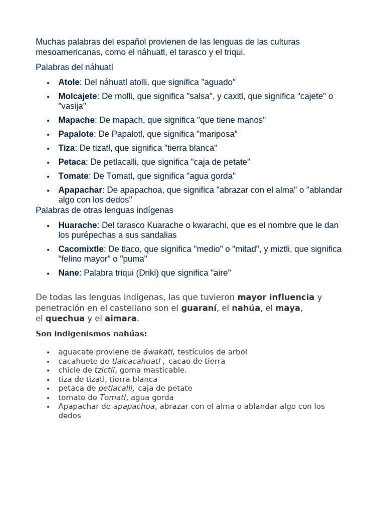 Palabras en español de origen náhuatl | PDF | Chocolate | Náhuatl