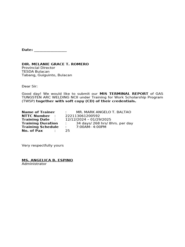 Transmittal Letter - MIS (Terminal) | PDF
