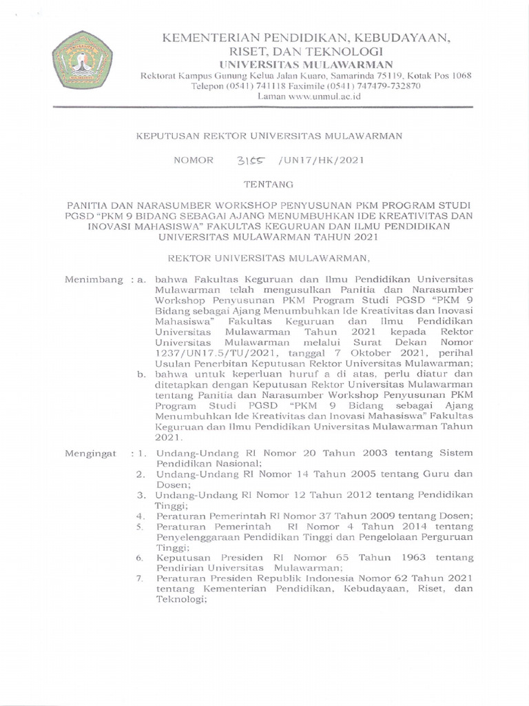 3155 - SK Rektor (Panitia Dan Narseumber Penyusunan PKM Prodi PGSD FKIP UNMUL Tahun 2021 | PDF