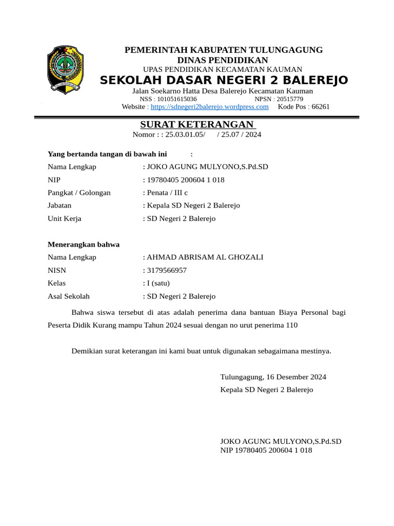 Surat Keterangan Penerima BPS | PDF