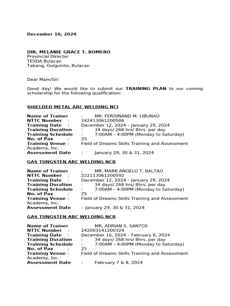 Transmittal Letter - Training Plan | PDF