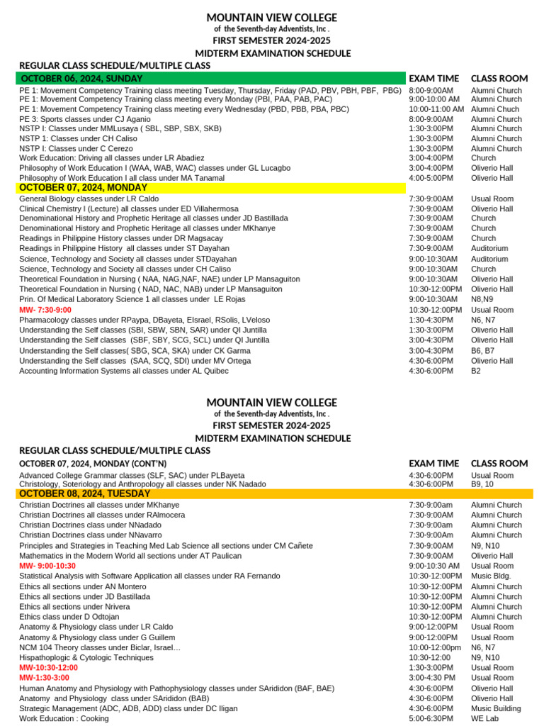 Mountain View College Midterm Exam Schedule 2024 | PDF