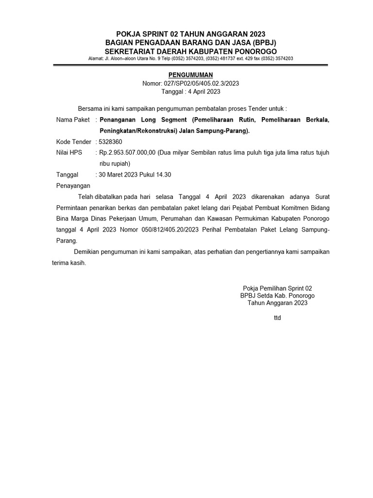 PENGUMUMAN Pembatalan Tender 2 | PDF