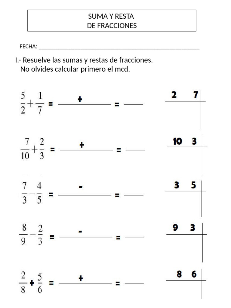 Actividad Suma y Reta Fracc Dif Den | PDF