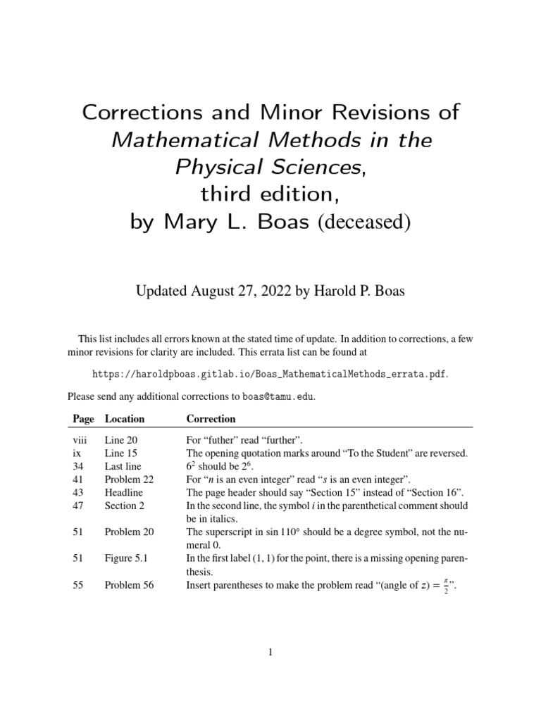 Boas_MathematicalMethods_errata | PDF | Mathematical Analysis | Mathematics