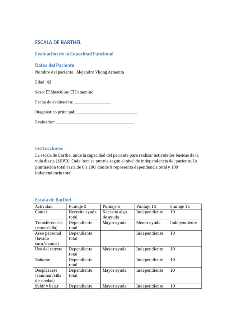 Evaluación Funcional: Escala Barthel | PDF