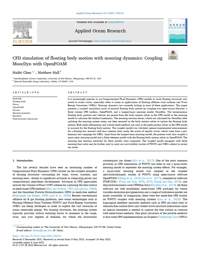 CFD Simulation of Floating Body Motion With Mooring Dynamics - Coupling MoorDyn With OpenFOAM ...
