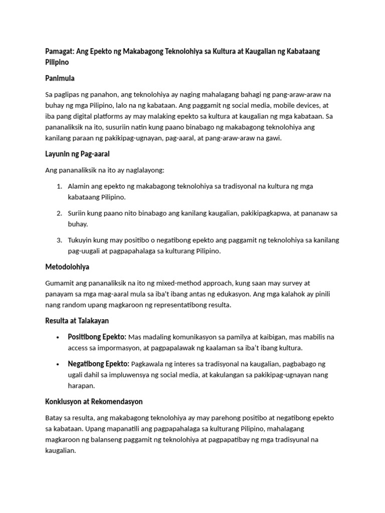 Ang Epekto NG Makabagong Teknolohiya Sa Kultura at Kaugalian NG Kabataang Pilipino | PDF