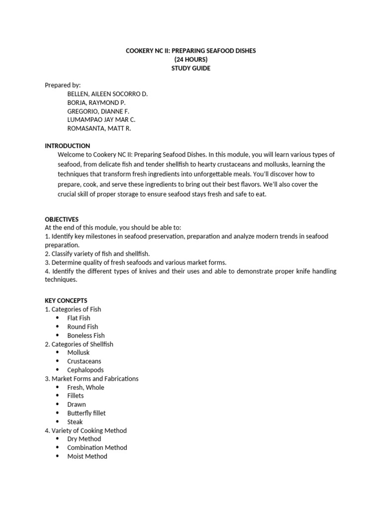 Study Guide - Cookery Nc II Group h | PDF | Seafood | Cooking