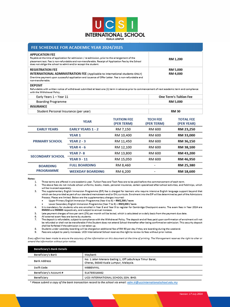 UIS KL Fee Schedule AY24!25!17Jul2423 | PDF | Payments