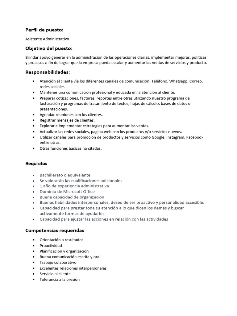 Perfil de Puesto - Asistente Administrativa | PDF