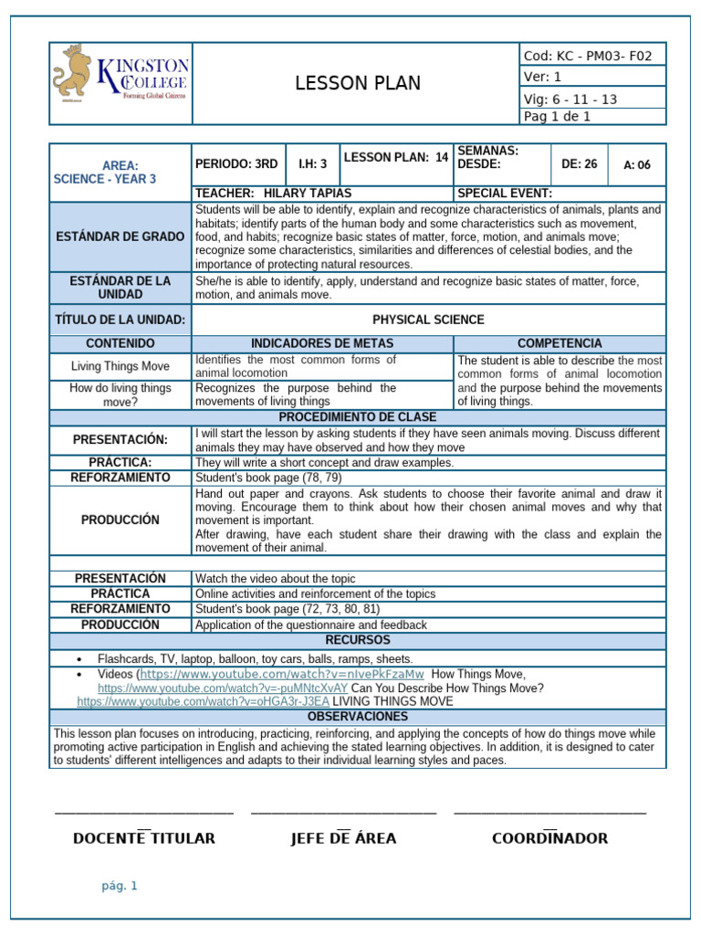 Year 3 Physical Science Lesson Plan | PDF | Force | Electricity
