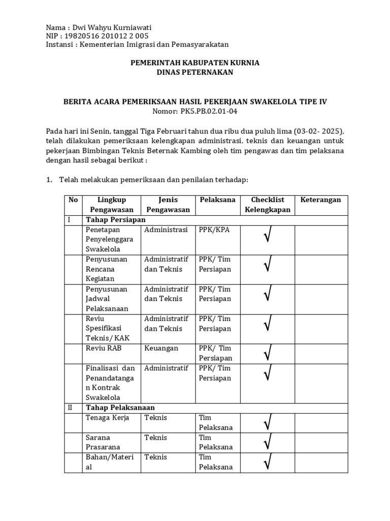 Berita Acara Pemeriksaan Swakelola Tipe IV | PDF